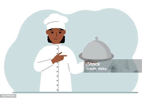클로치로 덮인 접시 또는 뚜껑이있는 트레이가있는 여성 요리사 뚜껑에 대한 스톡 벡터 아트 및 기타 이미지 뚜껑 레스토랑 메뉴판 Istock
