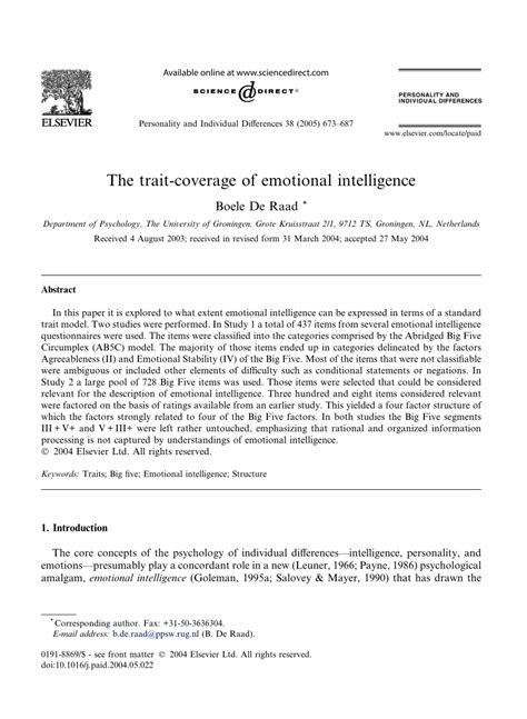 Pdf The Trait Coverage Of Emotional Intelligence