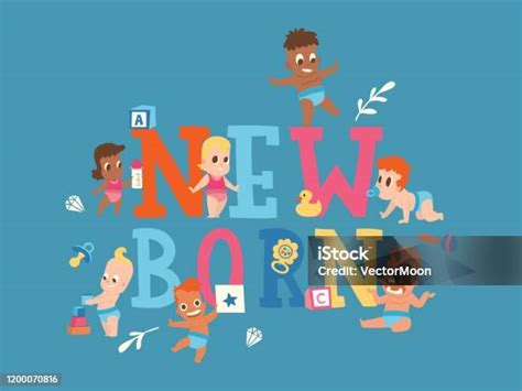신생아 타이포그래피 책 표지 벡터 일러스트레이션 플랫 스타일의 문자와 아이콘과 재미를 귀여운 아기 만화 캐릭터 신생아를 가진 가족을 위한 인사말 카드 가족에 대한 스톡 벡터