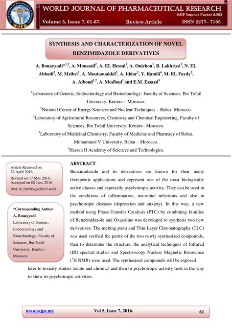Pdf Synthesis And Characterization Of Novel Benzimidazole Derivatives