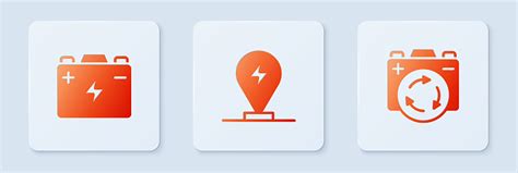 충전 주차 전기차 자동차 배터리 및 배터리를 재활용 기호로 설정합니다 흰색 정사각형 버튼 벡터 주차장 표지판에 대한 스톡 벡터