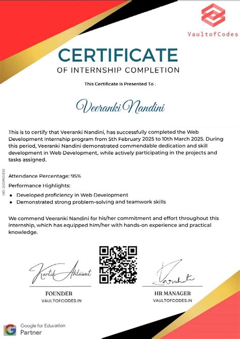 vaultofcodes webdevelopment internship nandini veeranki