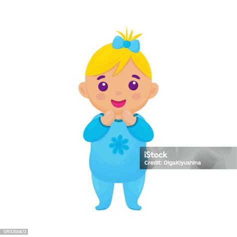 인형 장난감 아이는 서서 웃고 있습니다 포니 테일을 가진 어린 소녀는 행복합니다 흰색 배경에 고립된 벡터 일러스트레이션입니다