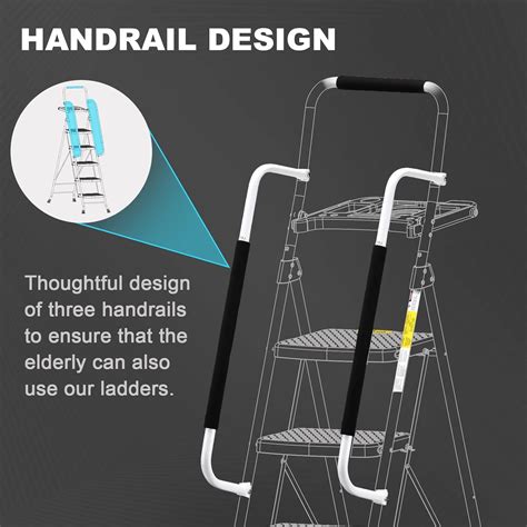 Hbtower Folding 5 Step Ladder With Handrails And Tool Tray Anti Slip Wide Pedals Safety Ladder