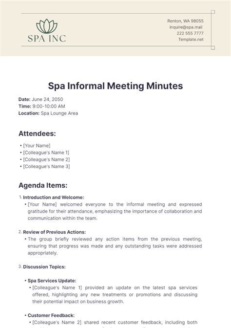 Free Spa Informal Meeting Minutes Template To Edit Online