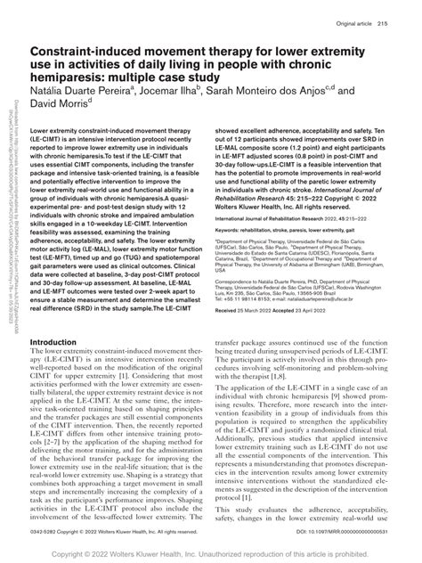 Pdf Constraint Induced Movement Therapy For Lower Extremity Use In