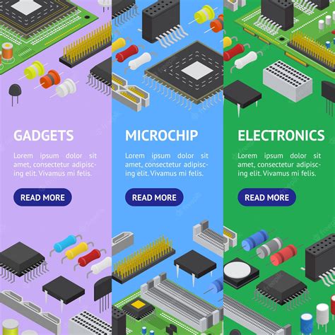 Premium Vector Computer Electronic Circuit Board Component Banner Vecrtical Set Isometric View