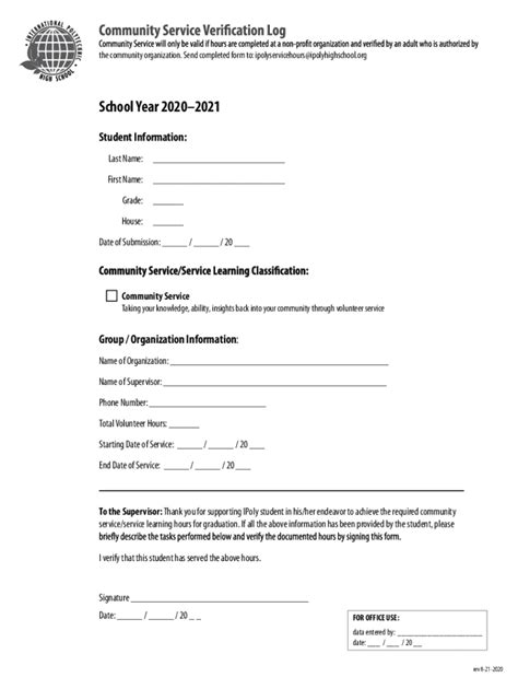 Fillable Online Community Service Verification Log School Year 20212022