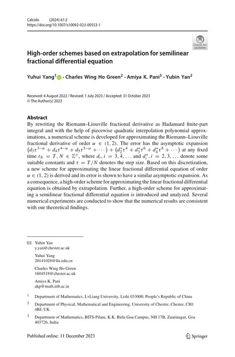 Pdf High Order Schemes Based On Extrapolation For Semilinear Fractional Differential Equation