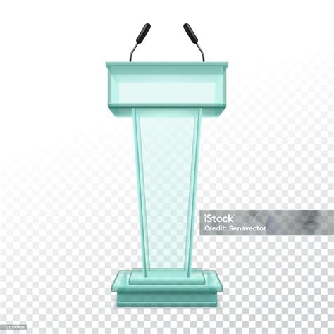 정치 연설자 기자 회견 이나 유리 제품 연단에 대 한 벡터 현실적인 스탠드 무대 나 장면에 마이크 또는 받침대와 3d 플랫폼