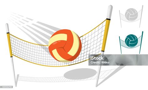 만화 배구 공은 큰 히트 가 그물로 날아 후 큰 속도로 날아 스포츠 장비 해변과 클래식 배구에 대한 일러스트레이션 만화 벡터 Championship에 대한 스톡 벡터 아트