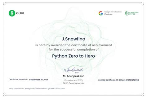 Snowfina Jude On Linkedin Thrilled To Have Completed The Python Zero To Hero Course With Guvi Geek
