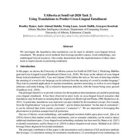 UAlberta At SemEval Task Using Translations To Predict Cross Lingual Entailment ACL