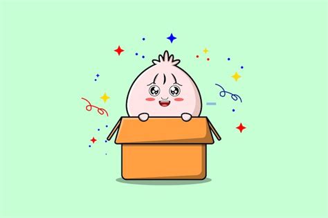 플랫 스타일 만화 벡터 아이콘 그림에서 상자에서 나오는 귀여운 만화 딤섬 캐릭터 프리미엄 벡터