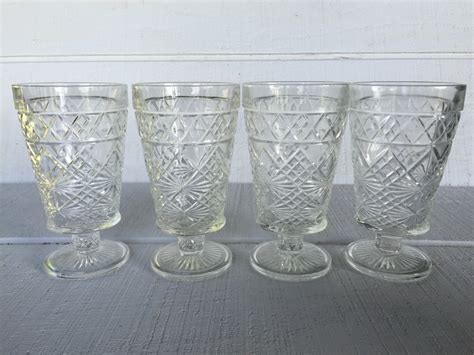 Vintage Pressed Glass Water Goblets Mid Century Pedestal