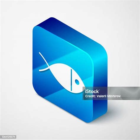 회색 배경에 고립 된 등색 기독교 물고기 기호 아이콘 예수 물고기 기호 파란색 정사각형 버튼 벡터 일러스트레이션 3차원 형태에 대한 스톡 벡터 아트 및 기타 이미지 Istock