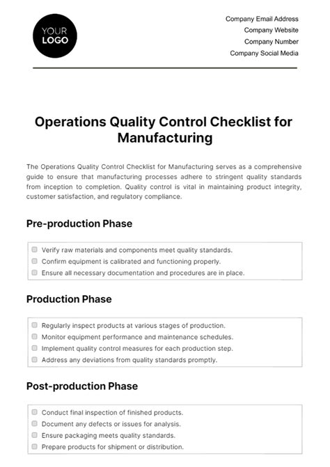 Free Operations Quality Control Checklist For Manufacturing Template To Edit Online