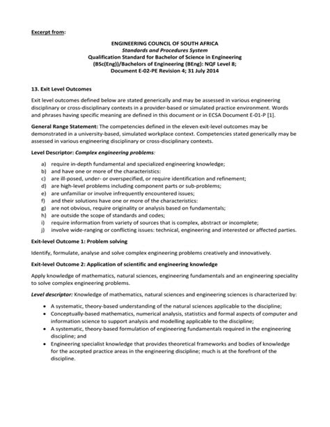 BSc Eng BEng Qualification Standard Exit Level Outcomes