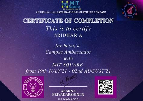Sridhar A On Linkedin Mitsquare Certificateofcompletion