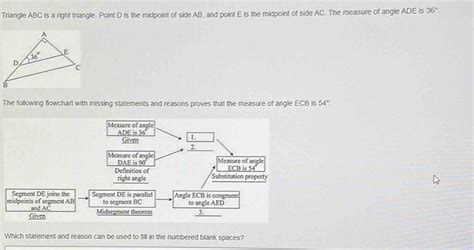 Solved Triangle Abc Is A Right Triangle Point D Is The Midpoint Of Side Ab And Point E Is The
