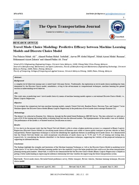 Travel Mode Choice Modeling Predictive Efficacy Between Machine Learning Models And Discrete