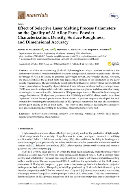 Pdf Effect Of Selective Laser Melting Process Parameters On The Quality Of Al Alloy Parts