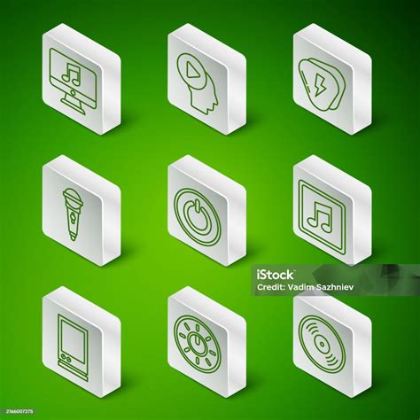 라인 비닐 디스크 다이얼 노브 레벨 기술 설정 음악 메모가 있는 컴퓨터 전원 버튼 마이크 헤드 피플 플레이 음성 도우미 및 음악 톤 아이콘을 설정합니다 벡터 3차원 형태에