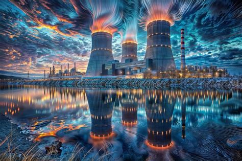 Swirling Power Cooling Towers Under Fiery Sky Generative Ai Stock Illustration Illustration