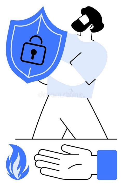 Man Holding A Blue Shield With Lock Hand With Sleeve And Flame Icon Security Protection Stock