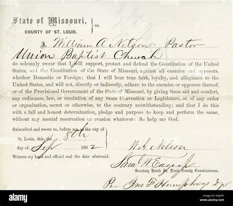 Loyalty Oath Of William A Nelson Of Missouri County Of St Louis