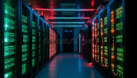 Glowing Mainframe In Row Network Security For Futuristic Technology Industry Generated By Ai