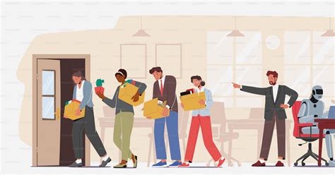 로봇에서 직원을 교체하는 상사 직장에서 해고로 인해 판지 상자에 물건을 가지고 사무실을 떠나는 근로자 캐릭터 자동화 미래 기술 만화 사람들 벡터 일러스트레이션 벡터