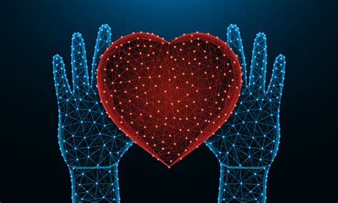 인간의 손과 심장 기호 낮은 폴리 디자인 다각형 스타일의 발렌타인 데이 어두운 파란색 배경에 포인트와 선으로 만든 와이어 프레임 벡터 일러스트레이션 가리키기에 대한 스톡