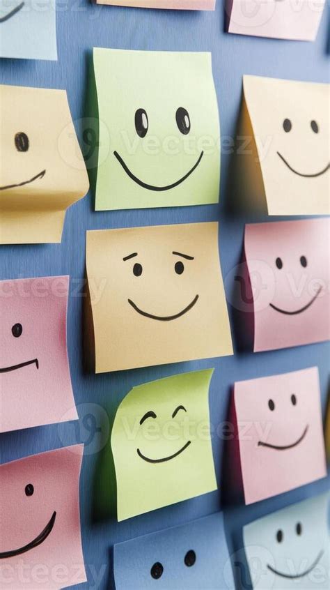 Colorful Sticky Notes With Diverse Smiley Faces On Blue Surface