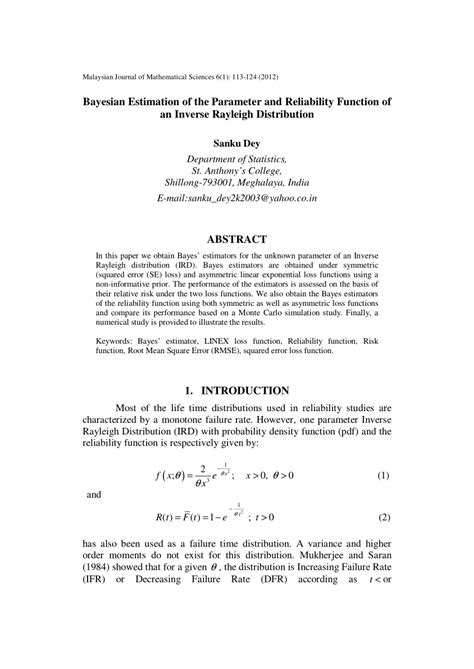 Pdf Bayesian Estimation Of The Parameter And Reliability Function Of An Inverse Rayleigh