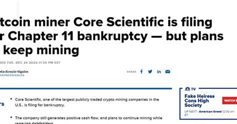 Cnbc 대형 Btc 채굴업체 코어사이언티픽 오늘 중 챕터11 파산 신청 코인니스