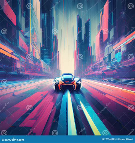 Futuristic And Stylized Depiction Of A Sports Car In A Neon Lit City Stock Illustration