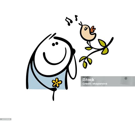 남자는 공원이나 숲을 걷고 꽃을 모으고 새소리를 듣습니다 Stickman과 음악 콘서트의 벡터 그림 만화 캐릭터는 흰색 배경에 고립되어 있습니다 새에 대한 스톡 벡터 아트