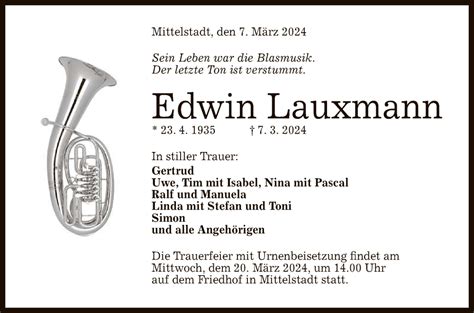 Traueranzeigen Von Edwin Lauxmann Trauergeade