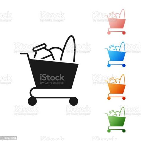 검은 쇼핑 카트와 흰색 배경에 격리 된 음식 아이콘입니다 음식 점 슈퍼마켓 다채로운 아이콘을 설정합니다 벡터 일러스트레이션 가득 찬에 대한 스톡 벡터 아트 및 기타 이미지