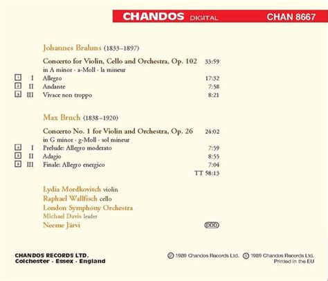 Brahms Double Concerto Bruch Violin Concerto Lydia Mordkovitch