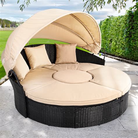 Dextrus Round Outdoor Daybed With Retractable Canopy And Rattan Wicker