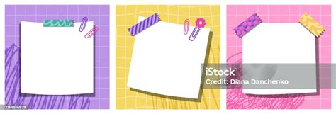 종이 노트용 템플릿 보라색 노란색 및 분홍색 체크 무늬 배경에 대한 메모를 위한 그루비 카드 미리 알림 메모 메시지 및 플래너를 위한 Kawaii 종이 스티커 메모 신학기