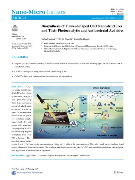 Biosynthesis Of Flower Shaped Cuo Nanostructures And Their Photocatalytic And Antibacterial