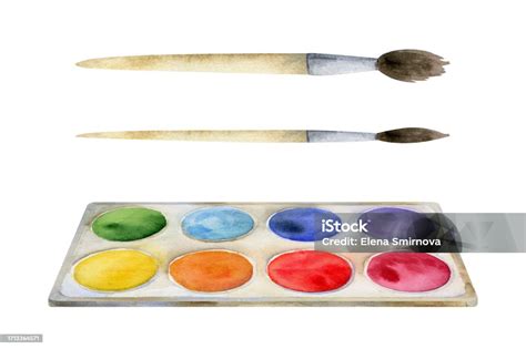 수채화 손으로 그린 그림 어린이 어린이 그림 재료 용품 색상 팔레트 상자 아트 팔레트 브러쉬 흰색으로 분리된 단일 개체 학교