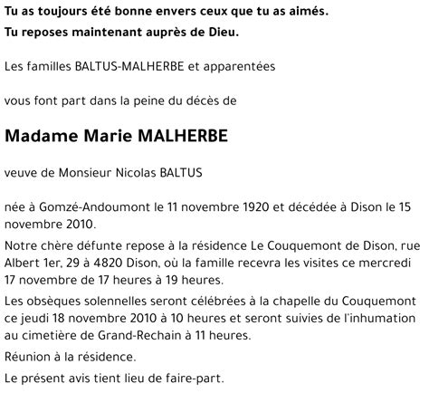 Avis De Décès De Marie Malherbe Décédé Le 15112010 à Dison Annonce