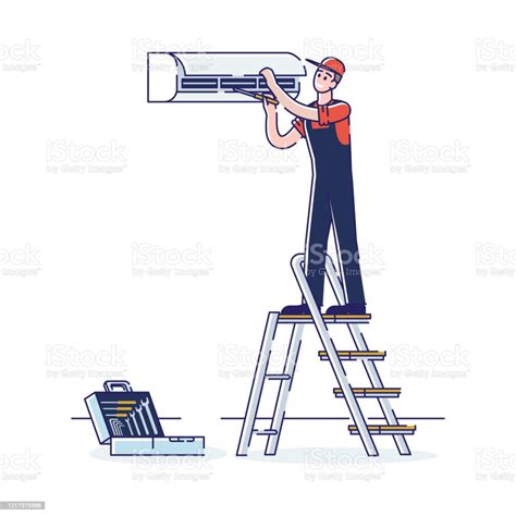 가전 제품의 개념 균일 한 수정 기구에서 전문 노동자 수리공 남자 수리 분할 에어컨 사다리에 서 만화 선형 윤곽선 평면 벡터 일러스트 가사 집안일에 대한 스톡 벡터 아트 및