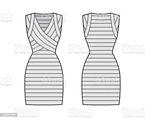 붕대 드레스 기술 패션 일러스트 와 V 넥 민소매 장착 된 몸 신축성 무릎 길이 연필 컷 0명에 대한 스톡 벡터 아트 및 기타 이미지 Istock