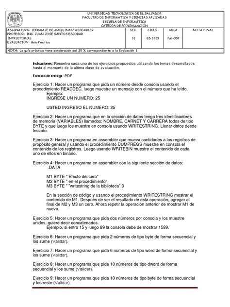 U1 G1 Assembler Practica Pdf Lenguaje Ensamblador Programa De