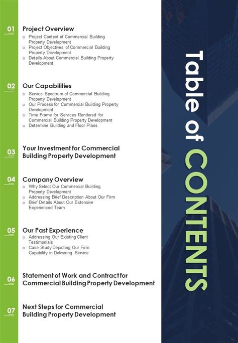Table Of Contents Commercial Building Property Development One Pager Sample Example Document Ppt